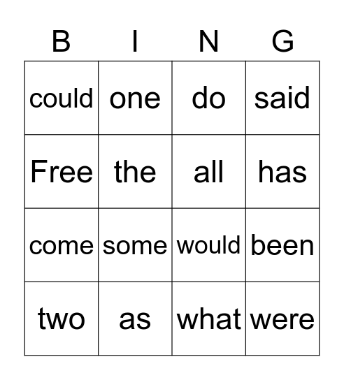 Sight Word Bingo Card