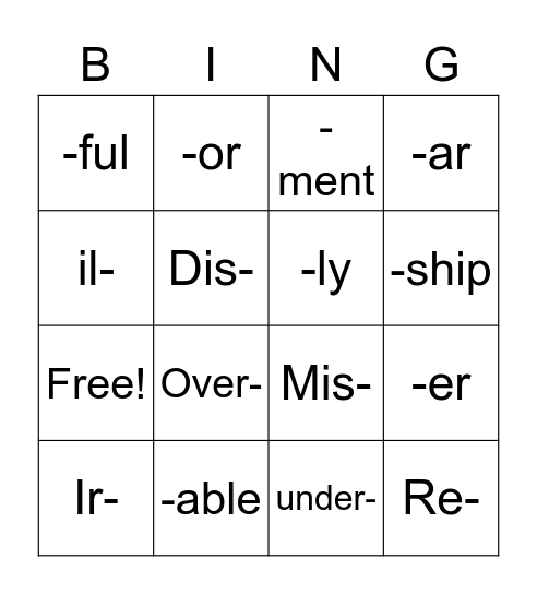 Suffix and Prefix Bingo Card