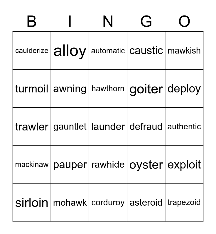 Diphthong Bingo Card