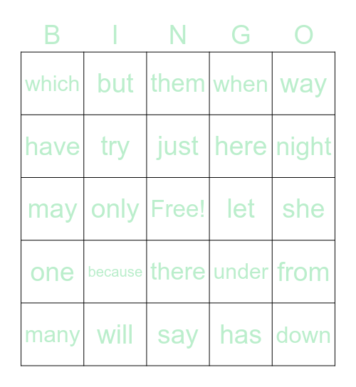 Sight Word Bingo Card