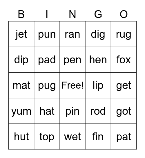 CVC WORDS Bingo Card