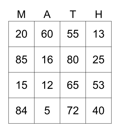 Pythagorean Theorem Bingo Card