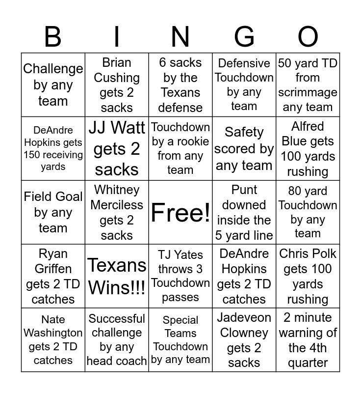 Texans vs Colts Bingo Card