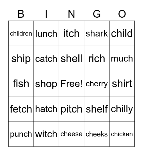 Unit 5 Phonics Bingo (sh, ch, tch) Bingo Card