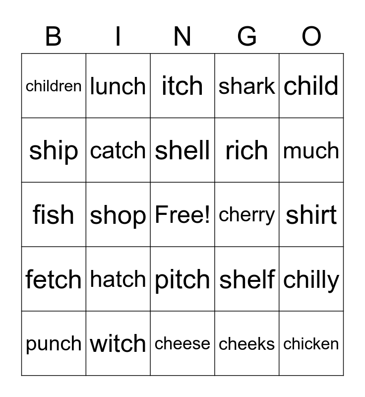 Unit 5 Phonics Bingo (sh, ch, tch) Bingo Card