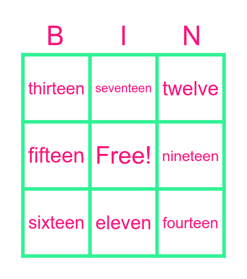 Numbers Bingo Card