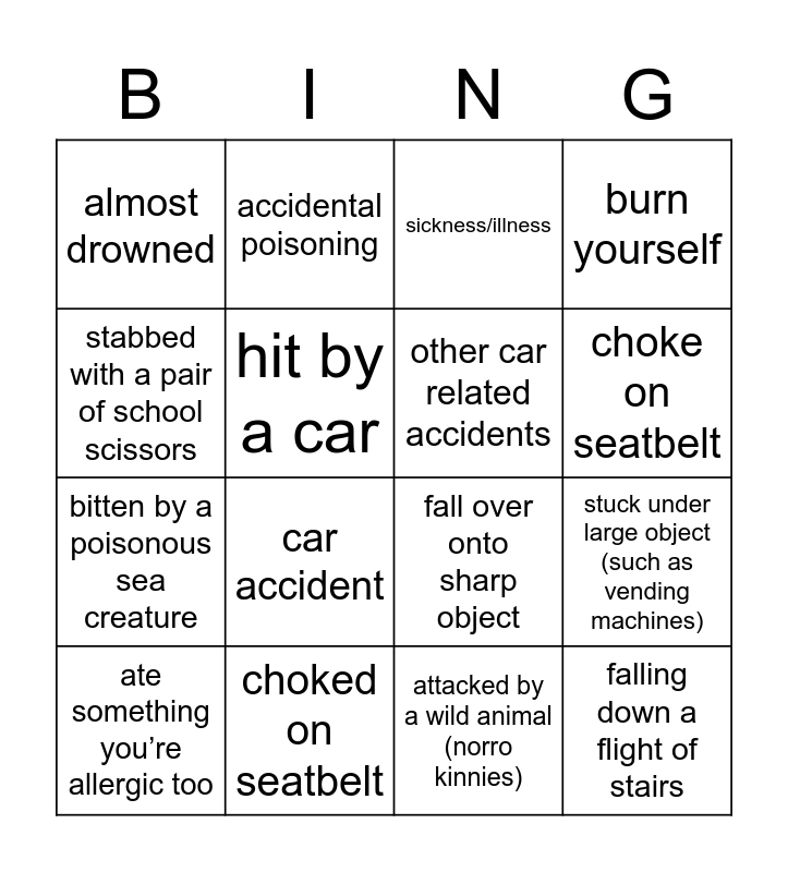 almost died bingo 🫰 Bingo Card