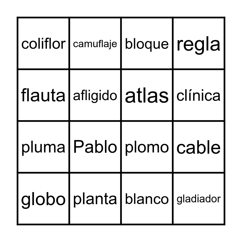 GRUPOS CONSONÁNTICOS CON L Bingo Card