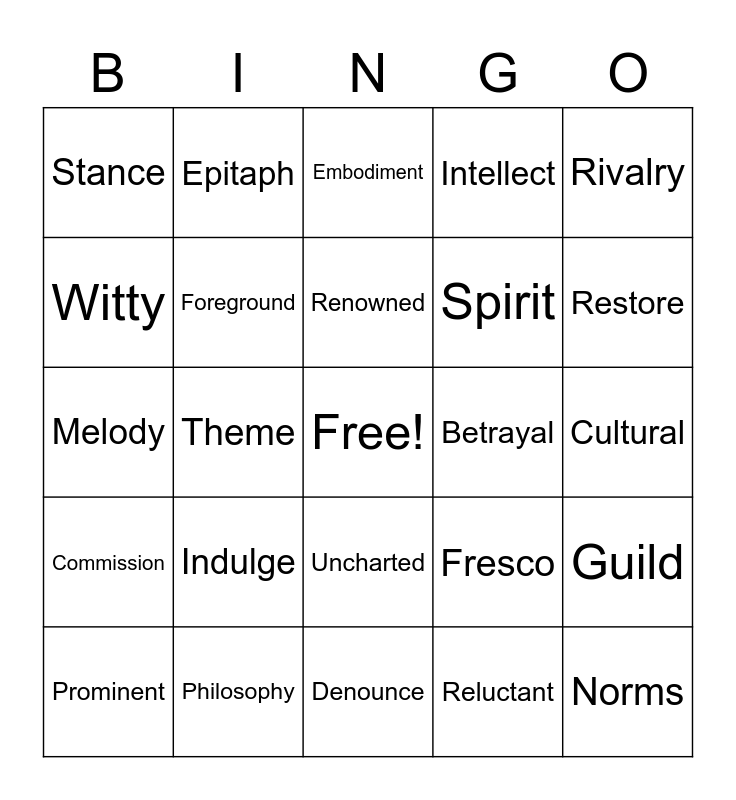 Renaissance Bingo Card