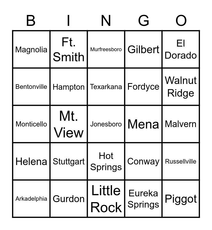 Arkansas Cities & Towns Bingo Card