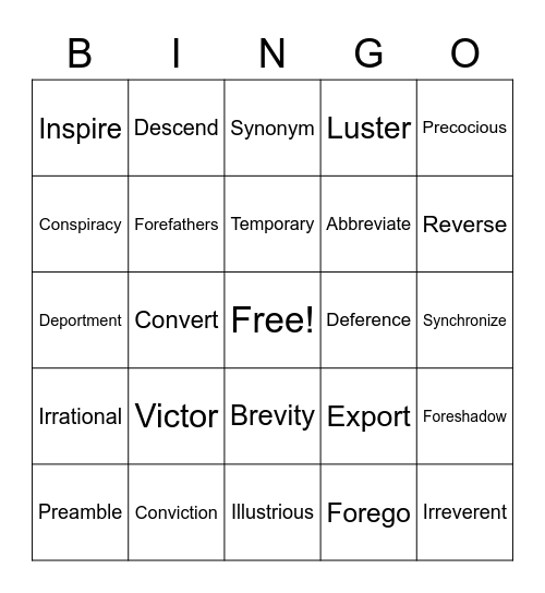 Middle words Bingo Card