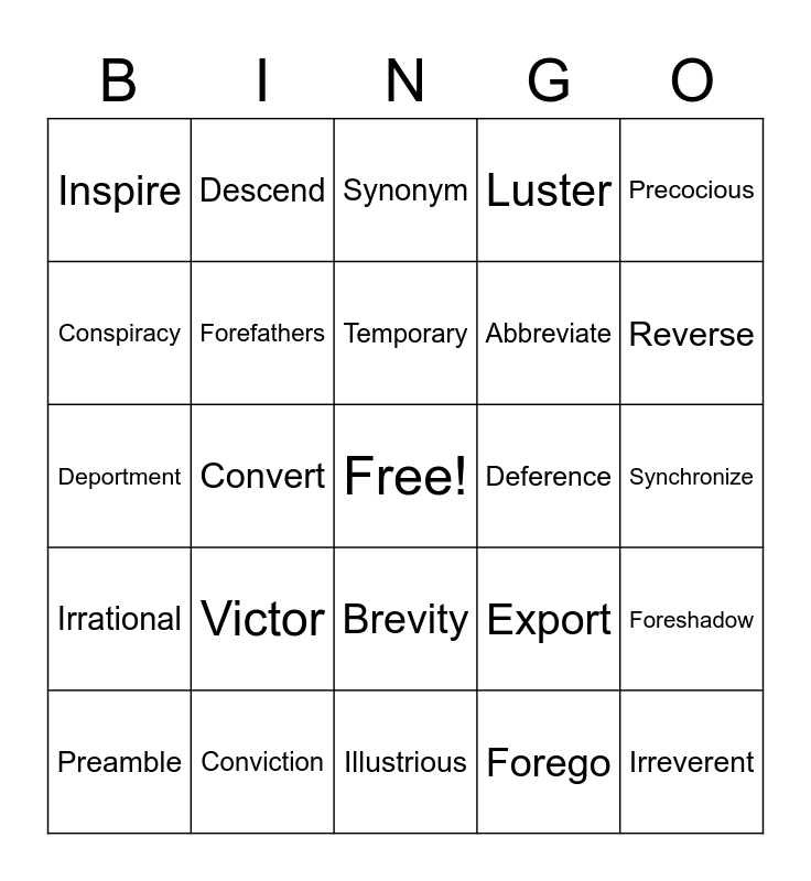 Middle words Bingo Card