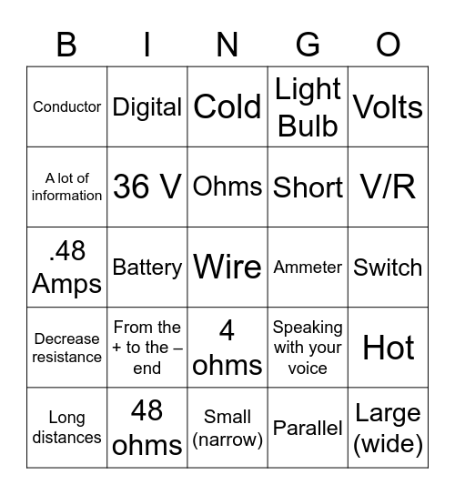 Circuits and Signals Bingo Card