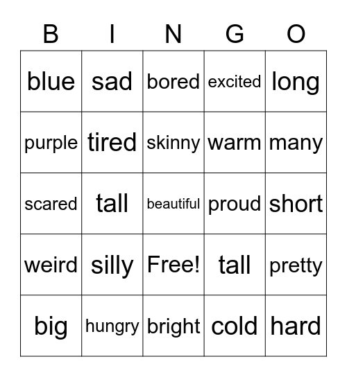 Adjectives Bingo Card