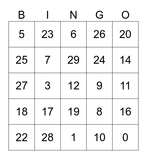Spanish Numbers 1-30 Bingo Card