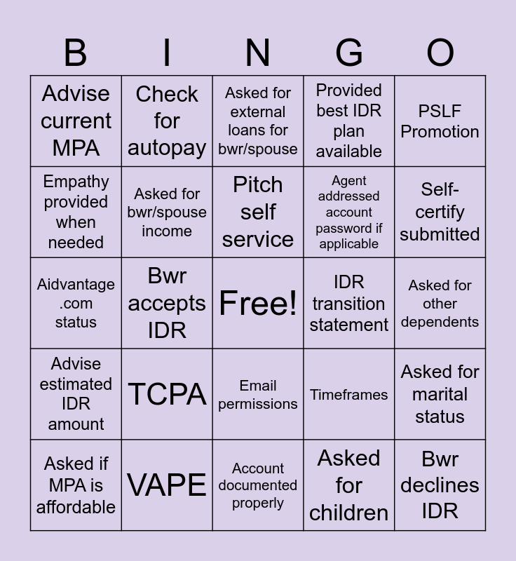 IDR Eligible RolePlay Bingo Card