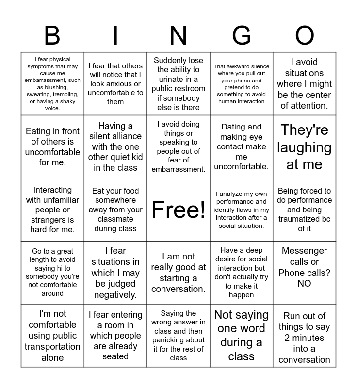 SOCIAL ANXIETY Bingo Card