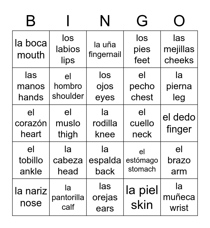 Las partes del cuerpo Bingo Card
