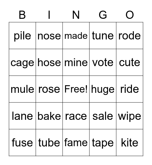 CVCe Words Bingo Card