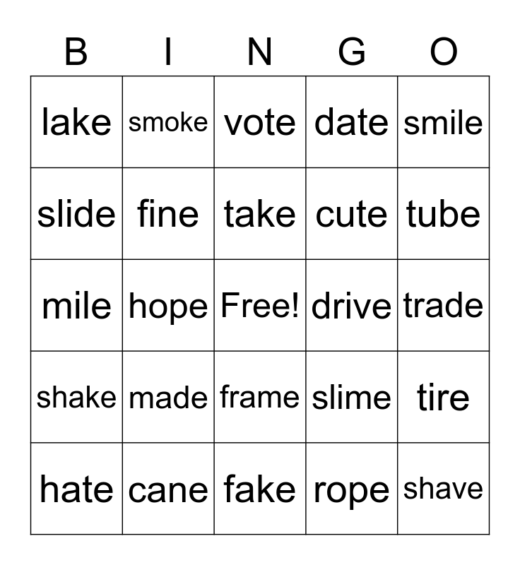 Silent e Words Bingo Card