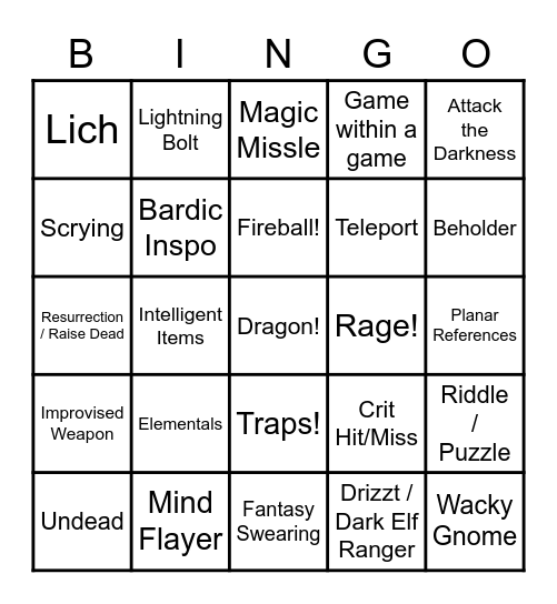Bingo & Dragons Bingo Card