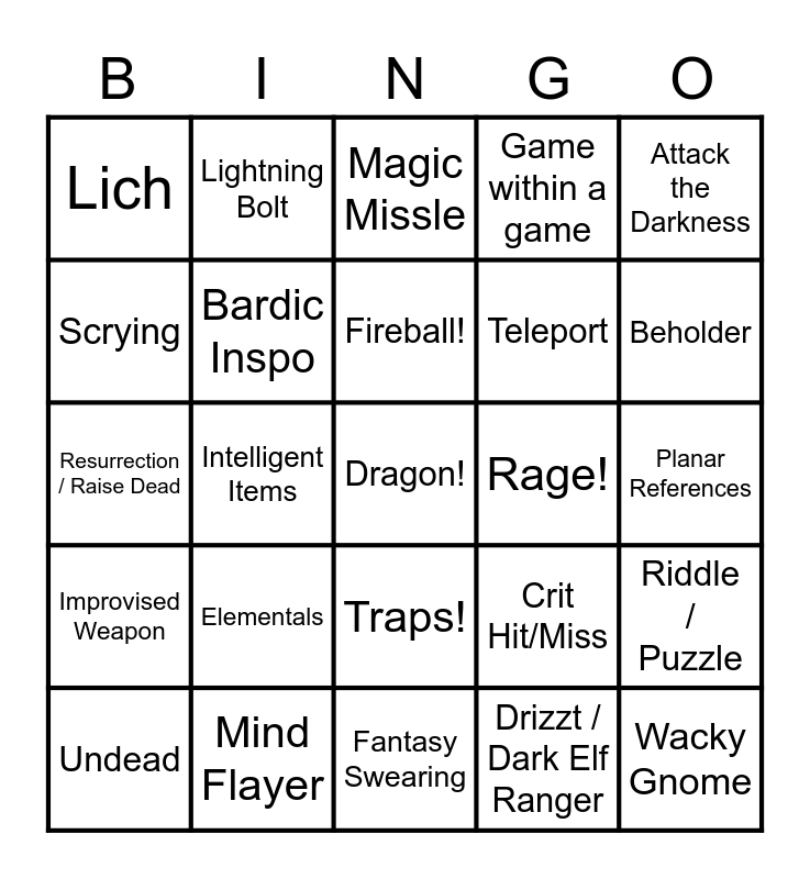 Bingo & Dragons Bingo Card
