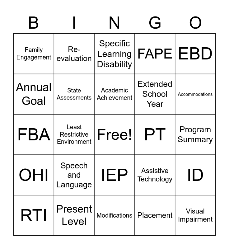 Special Education Bingo Card