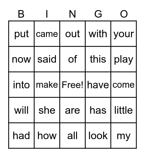 sight word bingo #2 Bingo Card