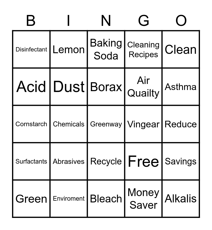 Green Cleaning Bingo Card