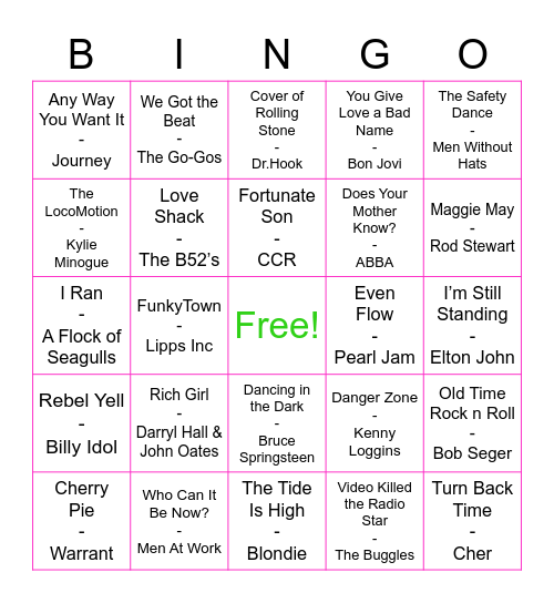 Icons of the 80’s Bingo Card