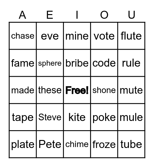 VOWEL-CONSONANT-E BINGO Card