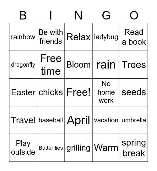 Spring Break Bingo Card
