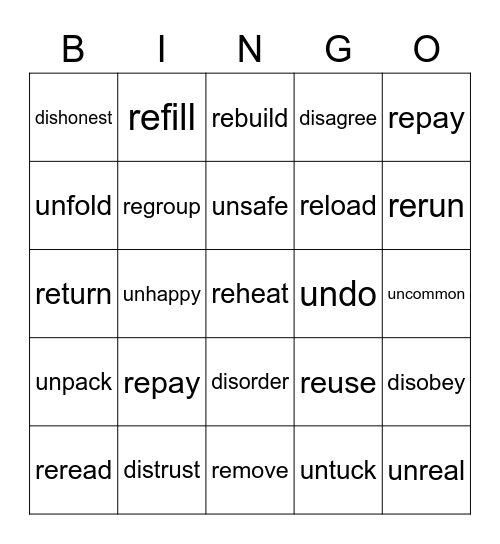 Prefix un-, re-, dis- Bingo Card