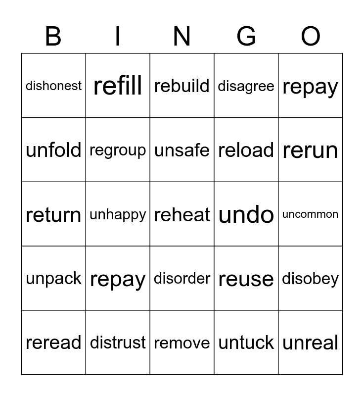 Prefix un-, re-, dis- Bingo Card