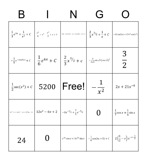 Calculus Derivative & Integration Review Bingo Card