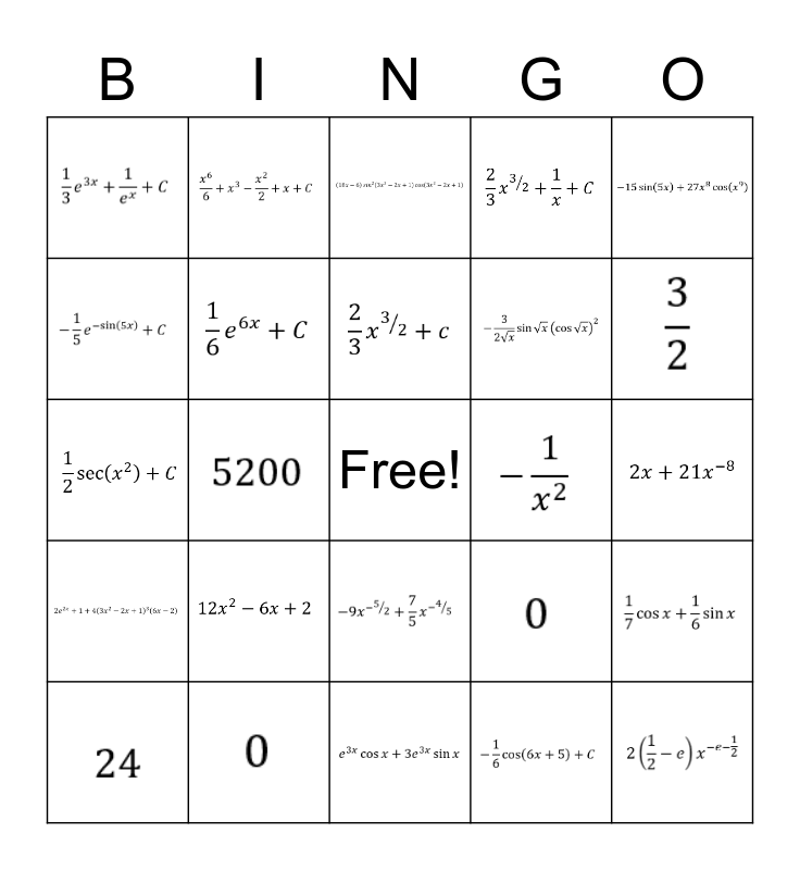 Calculus Derivative & Integration Review Bingo Card