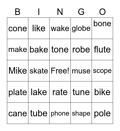 Silent "e" Bingo Card