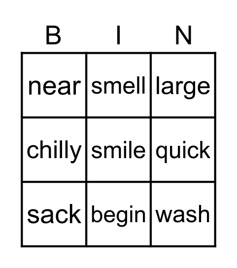 Synonym Bingo Card