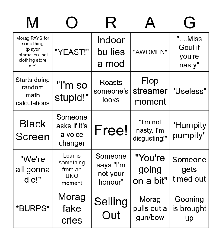 IndoorScream Bingo Card