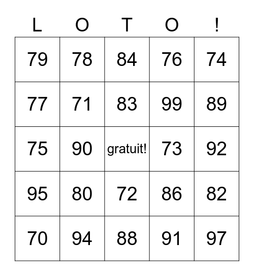 Nombres 70-100! Bingo Card