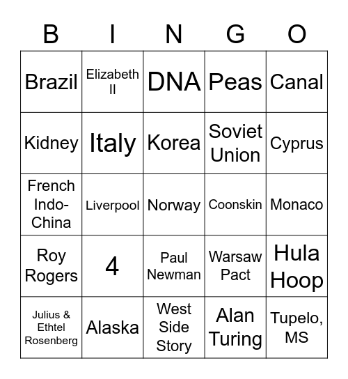1950s Trivia Bingo Card