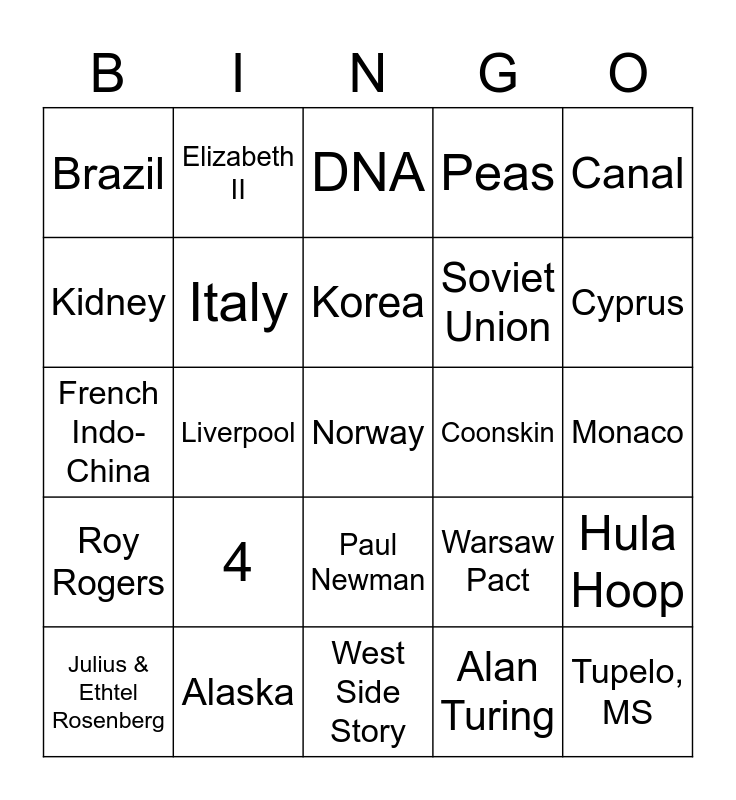 1950s Trivia Bingo Card