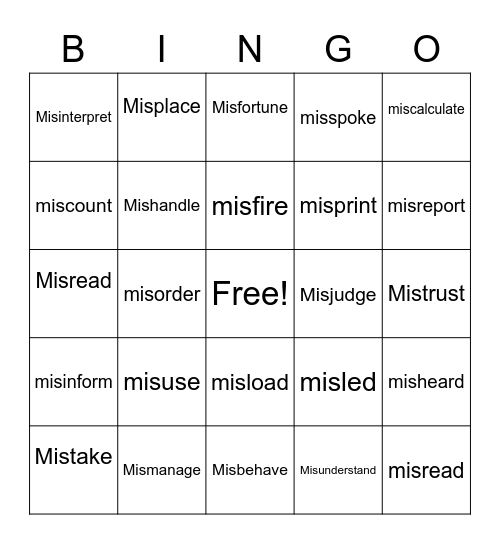 Prefix Mis Bingo Card