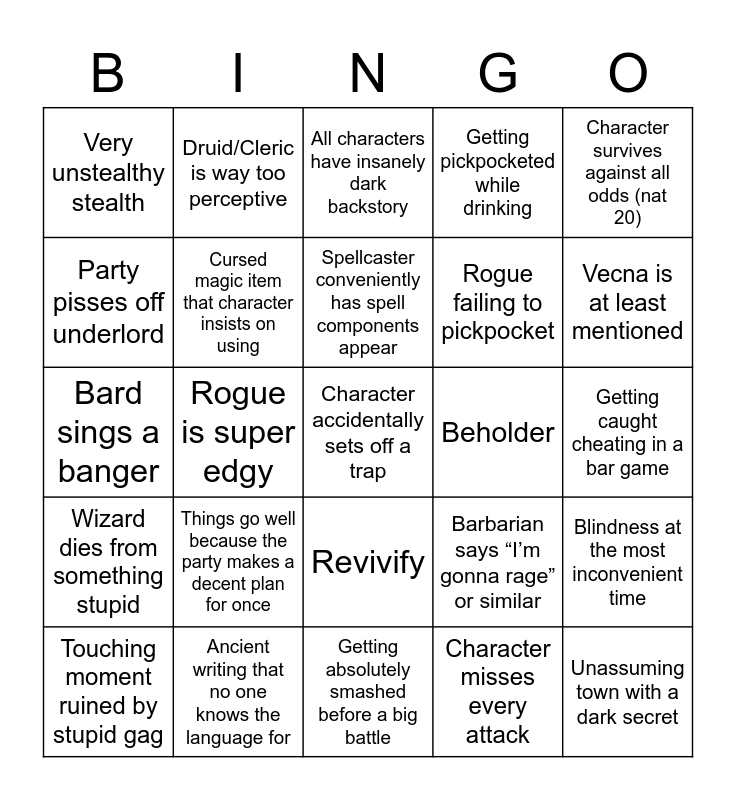 D&D Movie Bingo Card