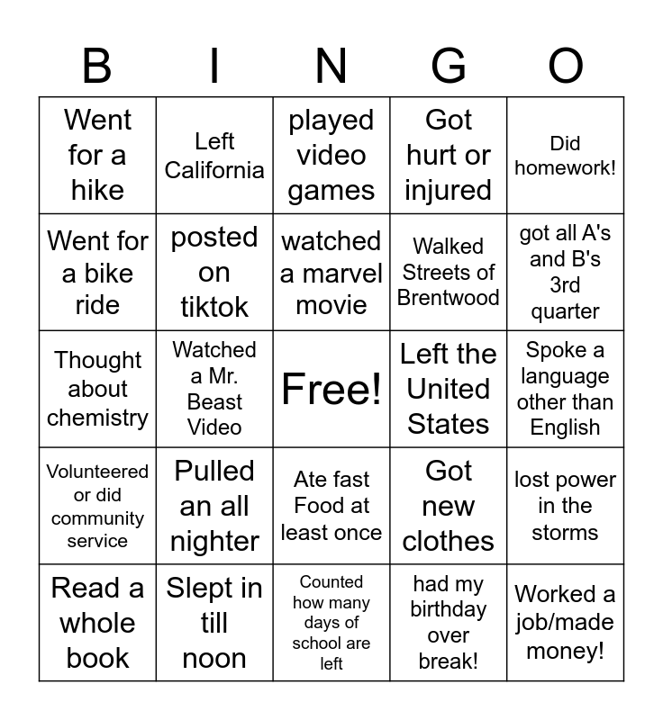 Spring Break BINGO Card