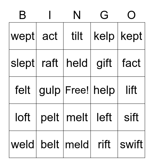 ending blends -l and -t Bingo Card
