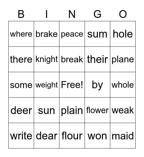 Homophone Bingo Card