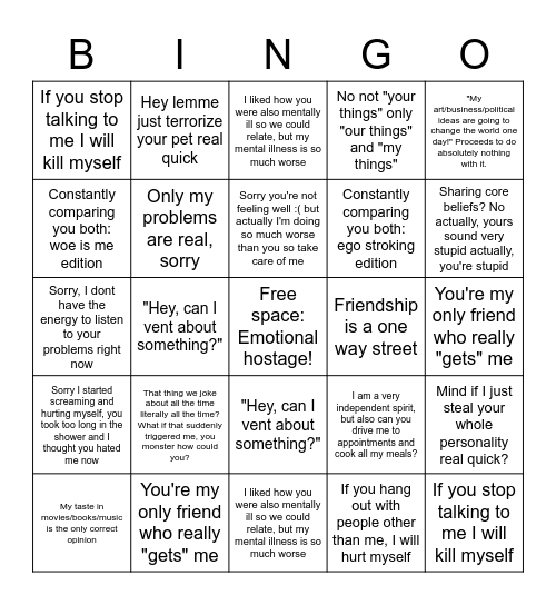 BPD Bingo: Friend/Roommate edition Bingo Card
