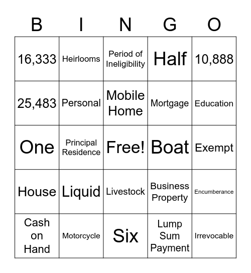 CalWORKS Property Bingo Card