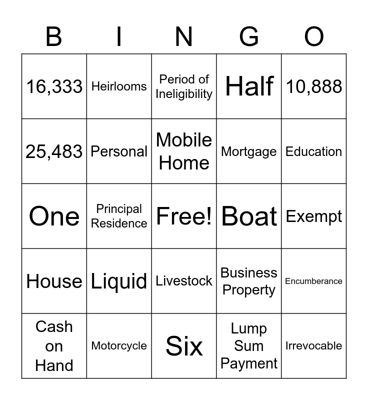 CalWORKS Property Bingo Card